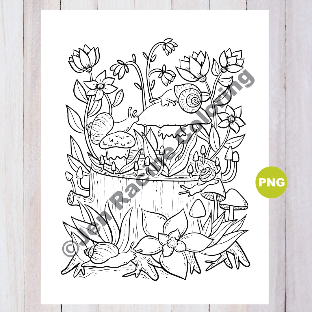 Snails on a Forest Stump Coloring Page, Digital Download, PNG - Etsy