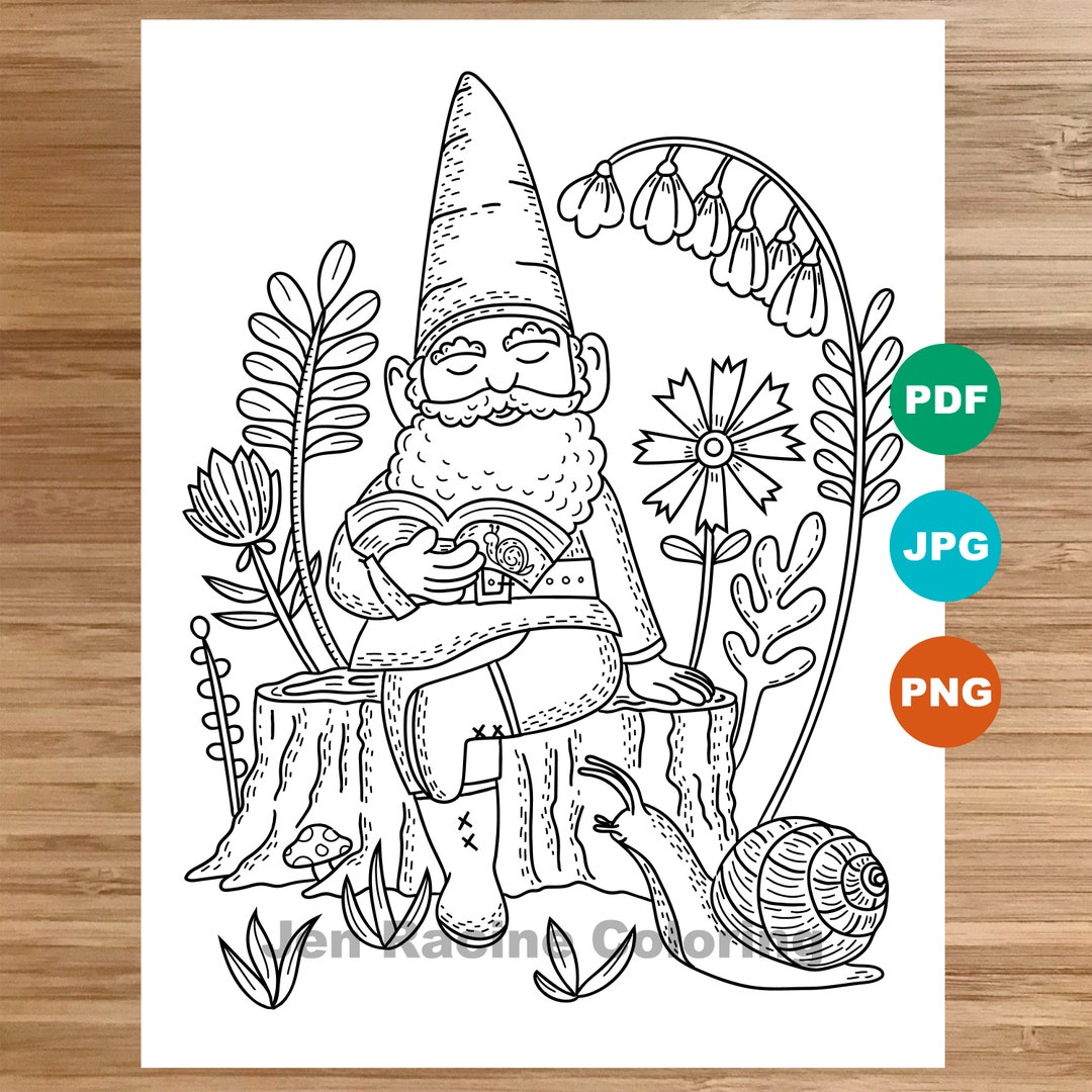 Reading Gnome, Gnome Coloring Page, Garden Gnomes, Gardening, Coloring ...