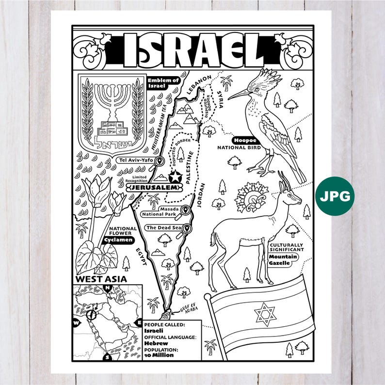 Israel Map Coloring Page, West Asia Geography (digital Download) - Etsy