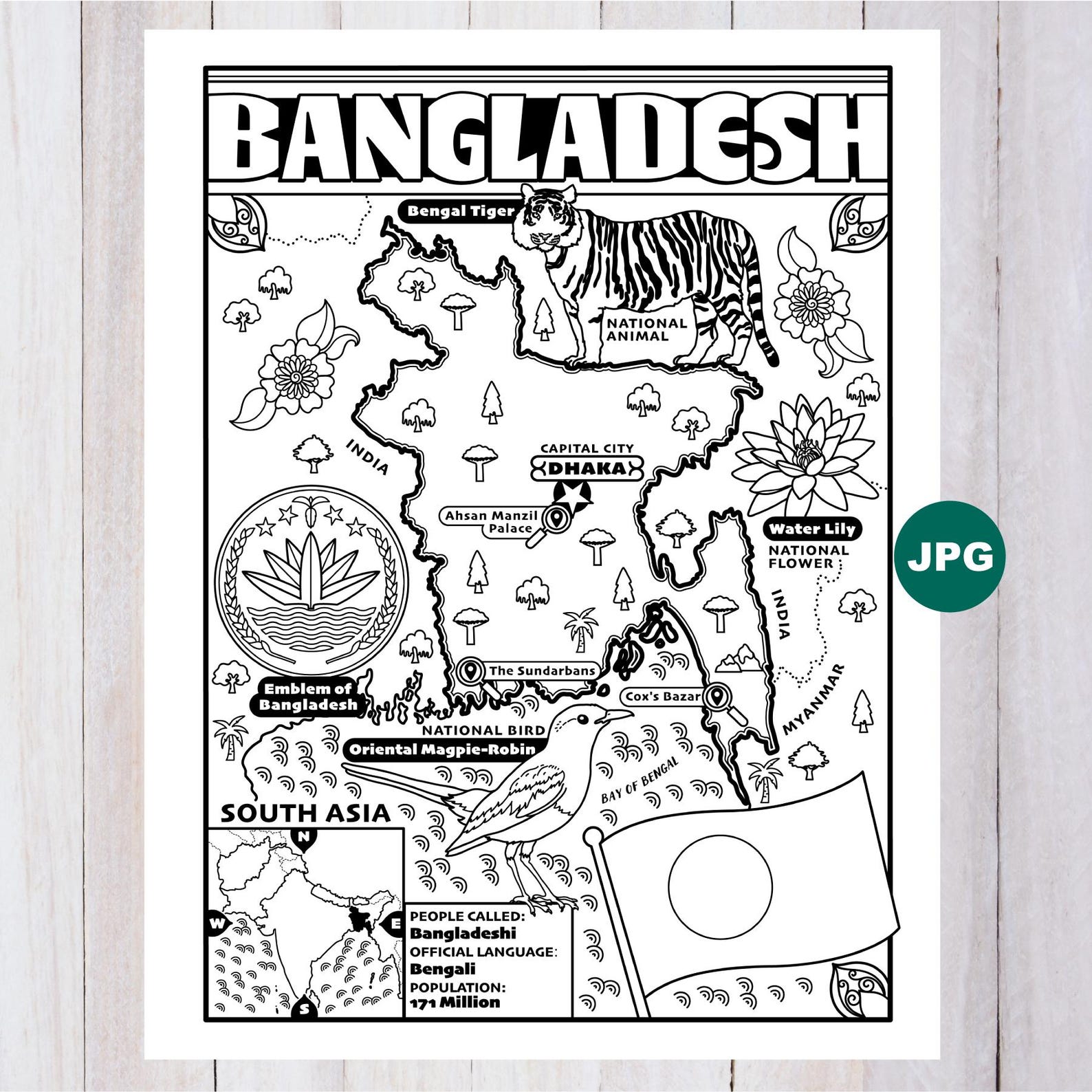 Bangladesh Map Coloring Page, South Asia Geography (digital Download ...