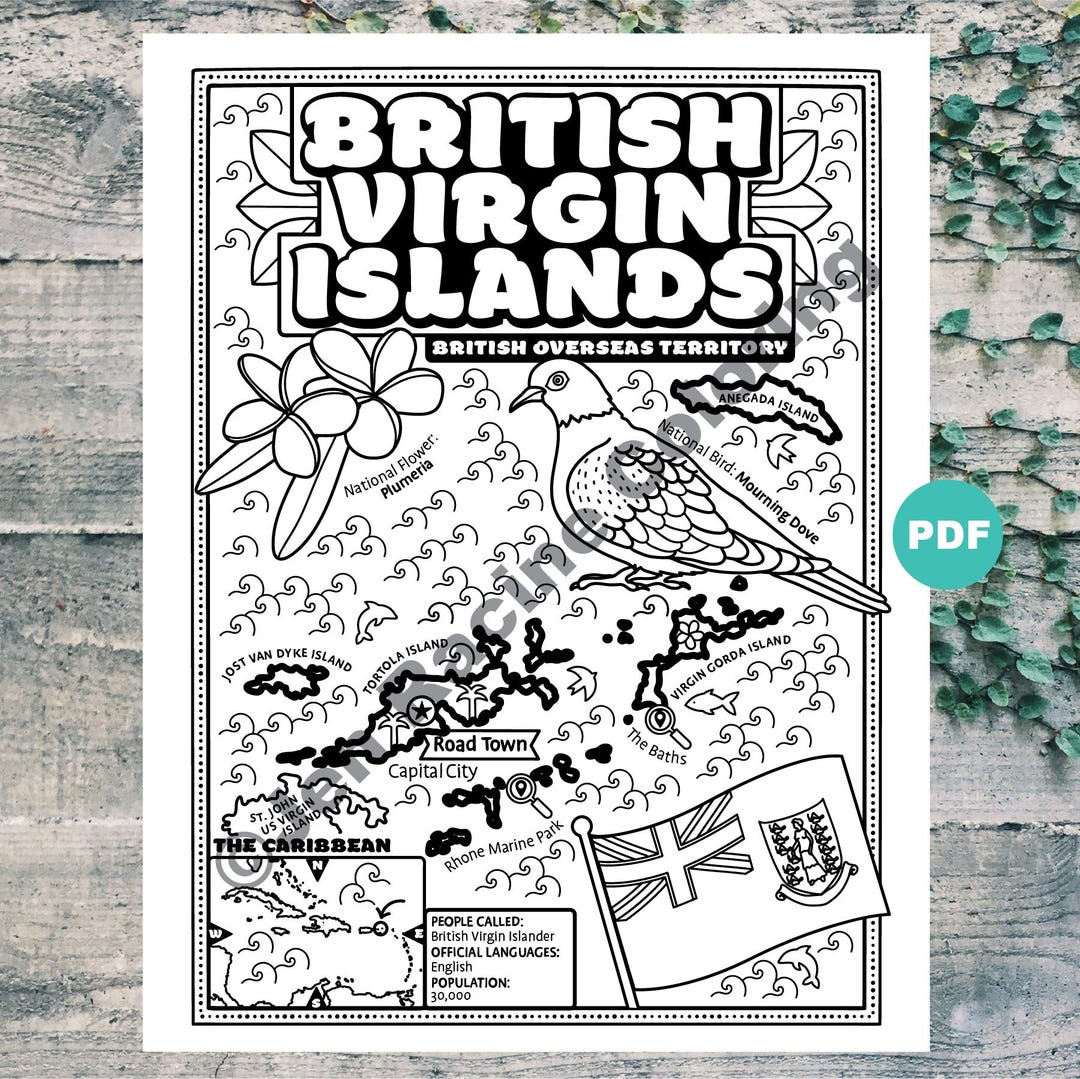 British Virgin Islands Map Coloring Page, Caribbean Geography (digital ...