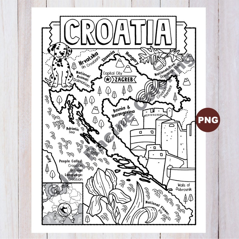 Mapa de Croacia para colorear (descarga digital) - Etsy México
