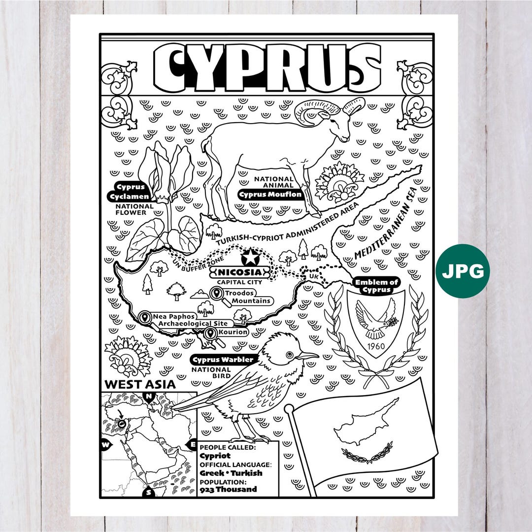 Cyprus Coloring Page, Geography of West Asia, Digital Download Coloring ...