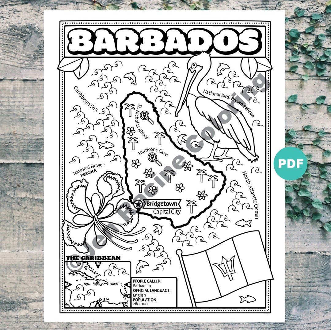 Barbados Coloring Page, Geography of the Caribbean, Digital Download ...