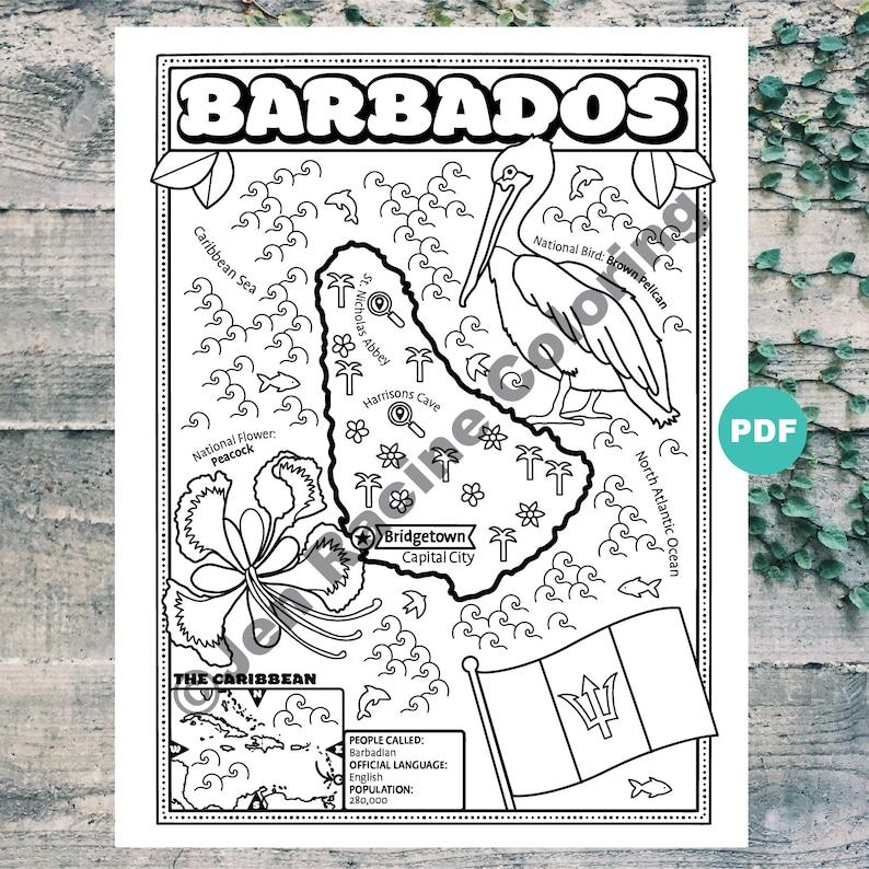 Barbados Map Coloring Page, Caribbean Geography (digital Download) - Etsy