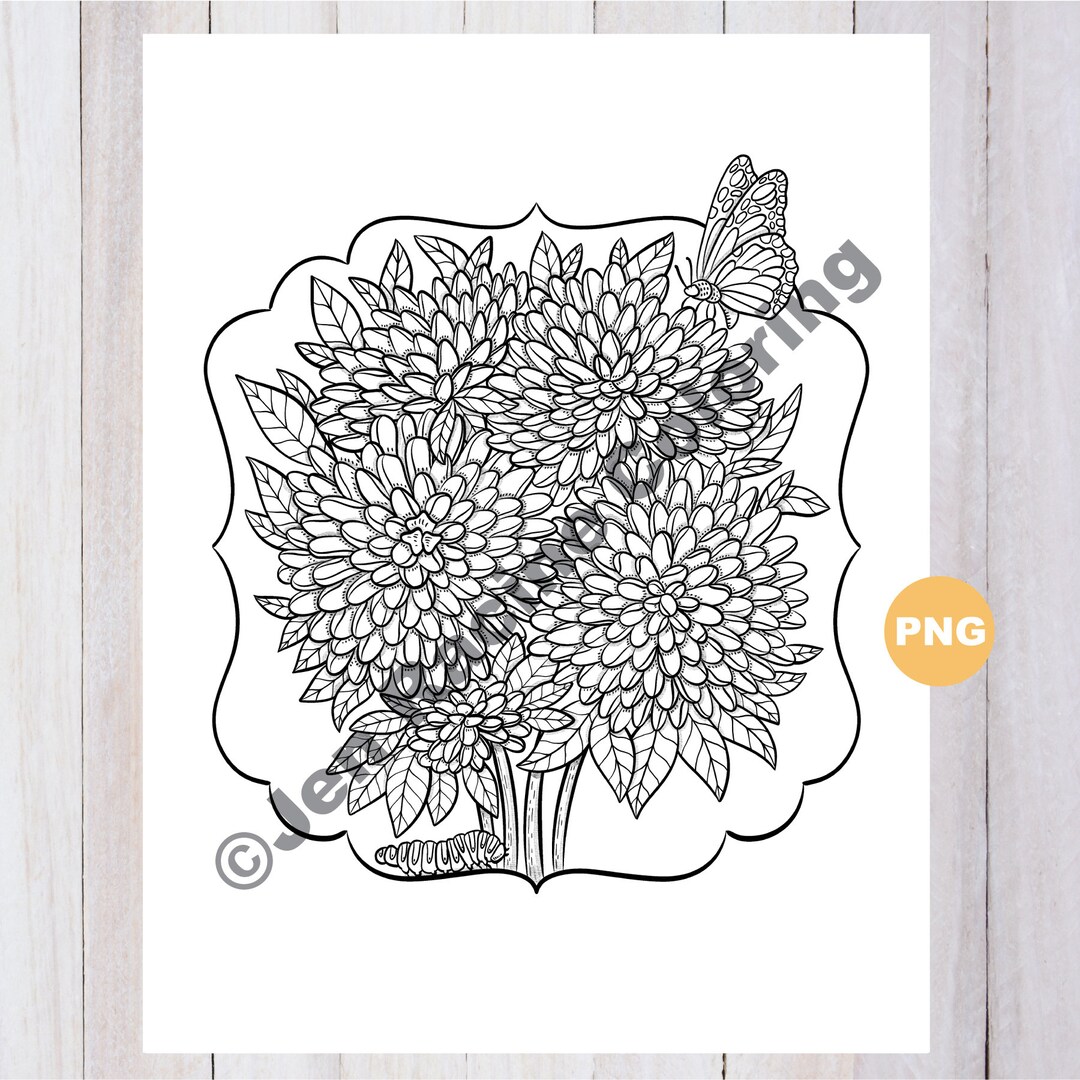 Cluster of Mums With Butterfly and Caterpillar Coloring Page, Digital ...