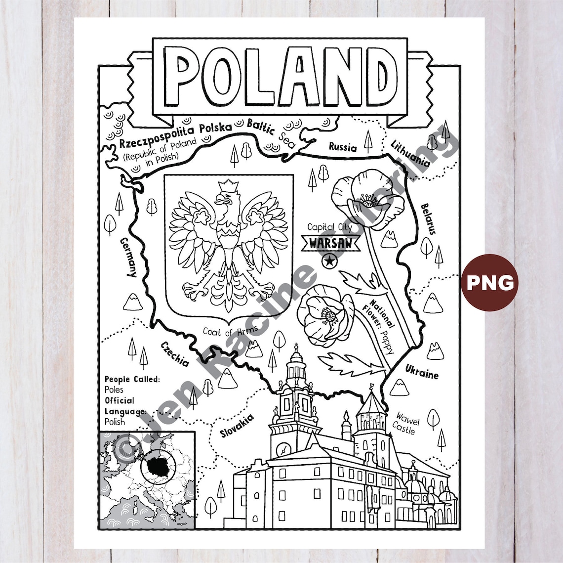 Poland Coloring Page, Geography of Europe, Digital Download Coloring ...