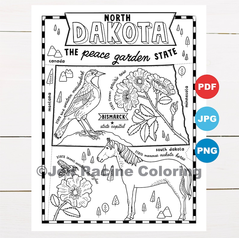North Dakota Coloring Page, United States, State Map, Wildlife, State ...