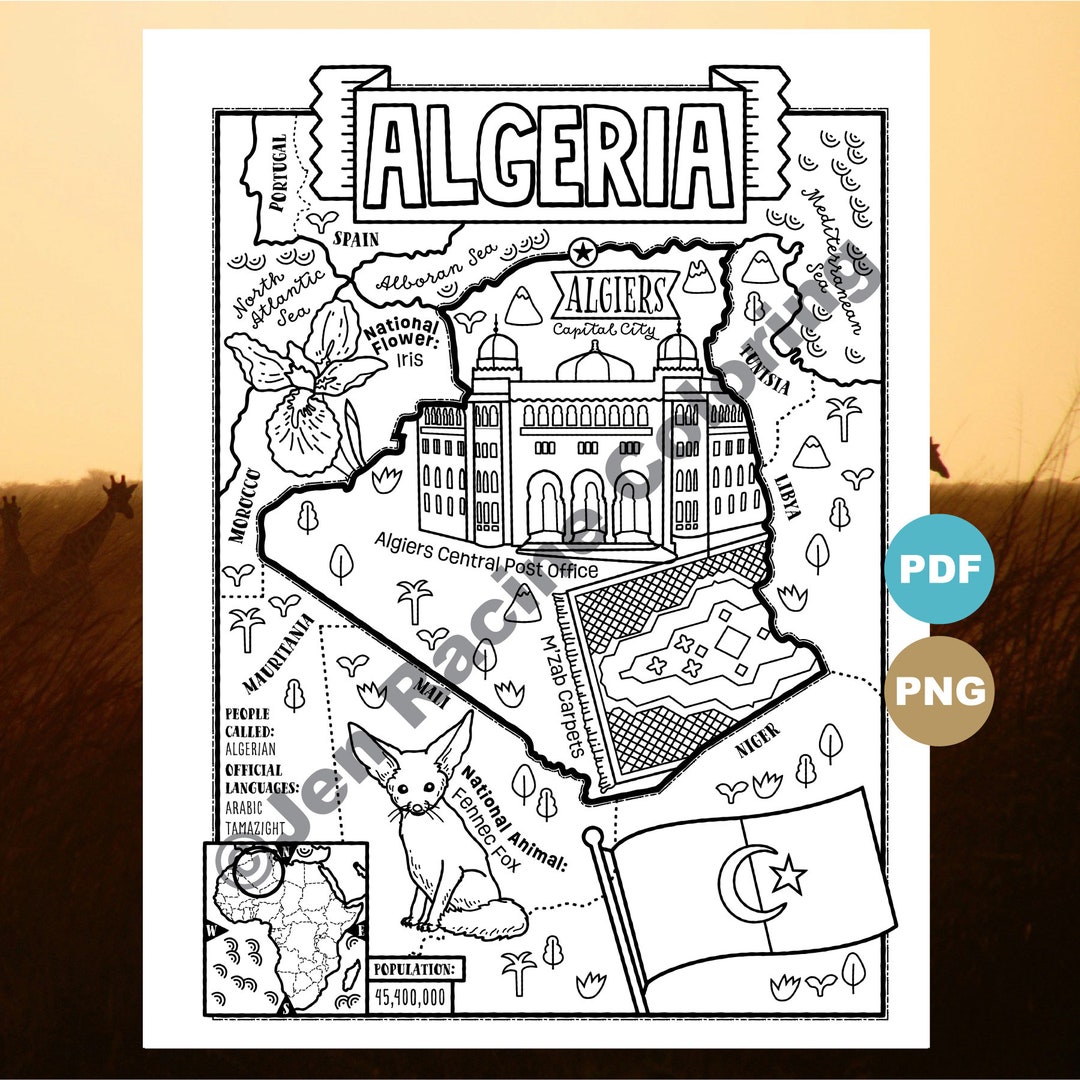Algeria Coloring Page, Geography of Africa, Digital Download Coloring ...