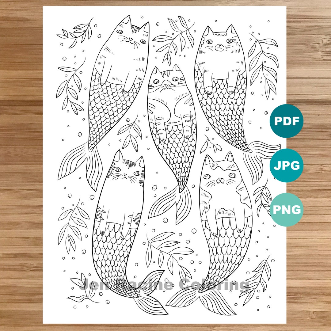 Mer-kitties Coloring Page, Mermaid Art, Coloring Book Printable ...