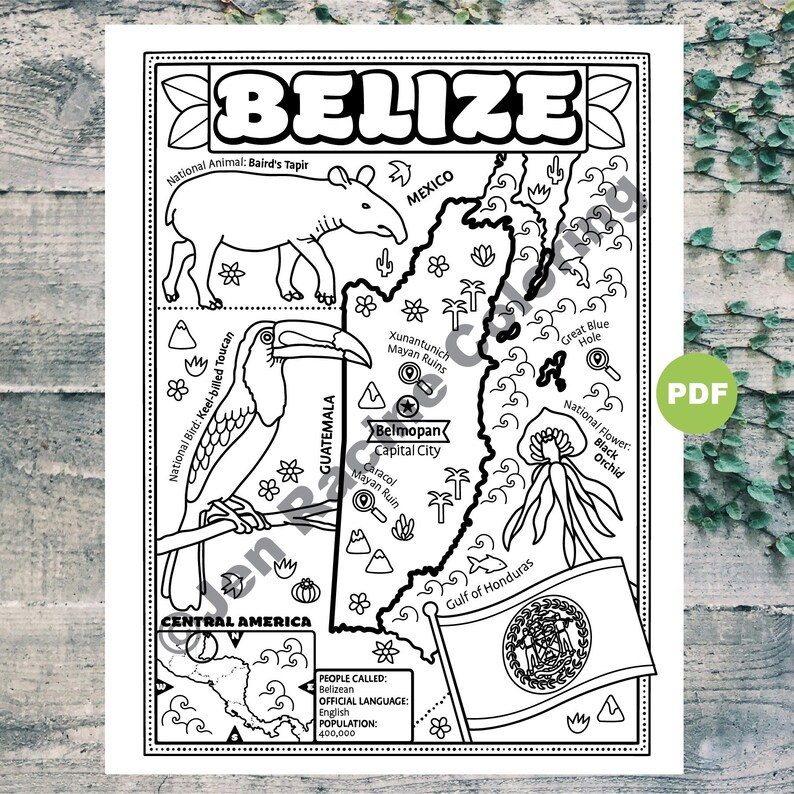 Belize Map Coloring Page, Central America Geography (digital Download ...
