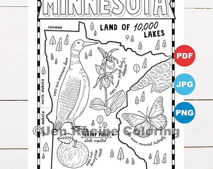 Minnesota Coloring Page United States State Map Wildlife - Etsy
