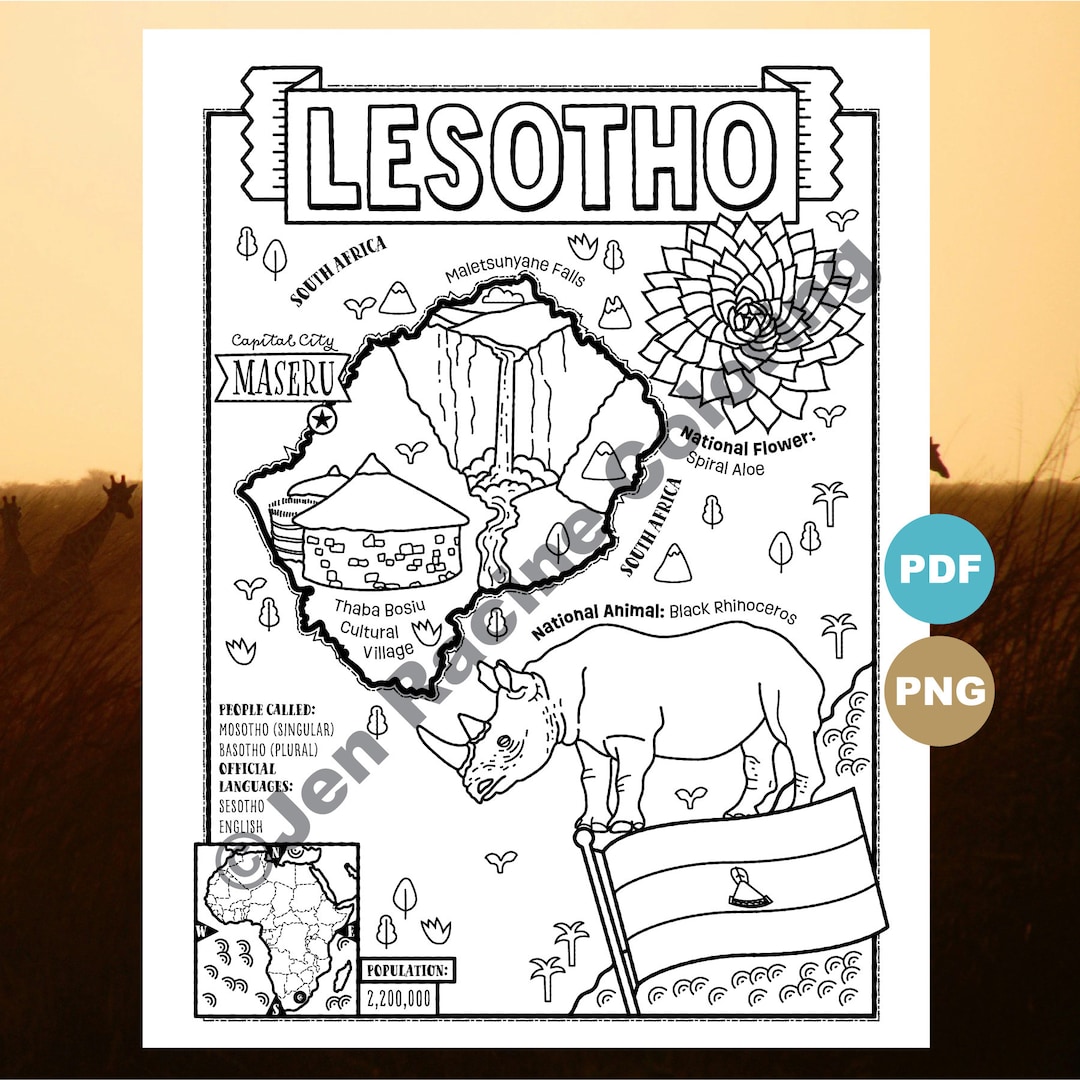Lesotho Coloring Page, Geography of Africa, Digital Download Coloring ...