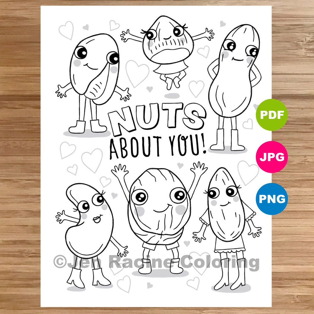 Nuts About You! Coloring Page, Funny Puns Coloring Page for Kids, Yummy ...