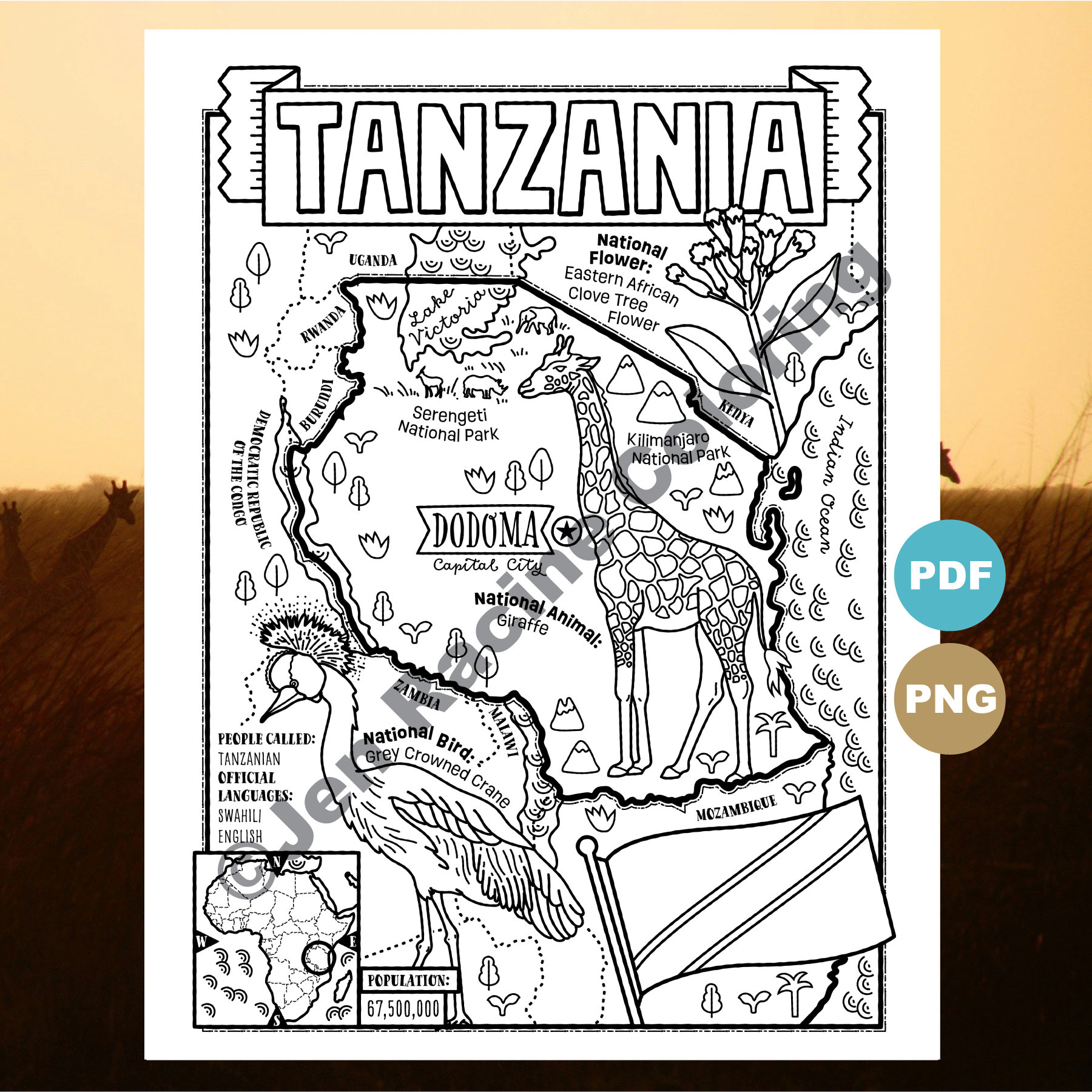 Tanzania Coloring Page, Geography of Africa, Digital Download Coloring ...