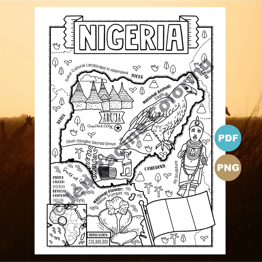 Nigeria Coloring Page, Geography of Africa, Digital Download Coloring ...
