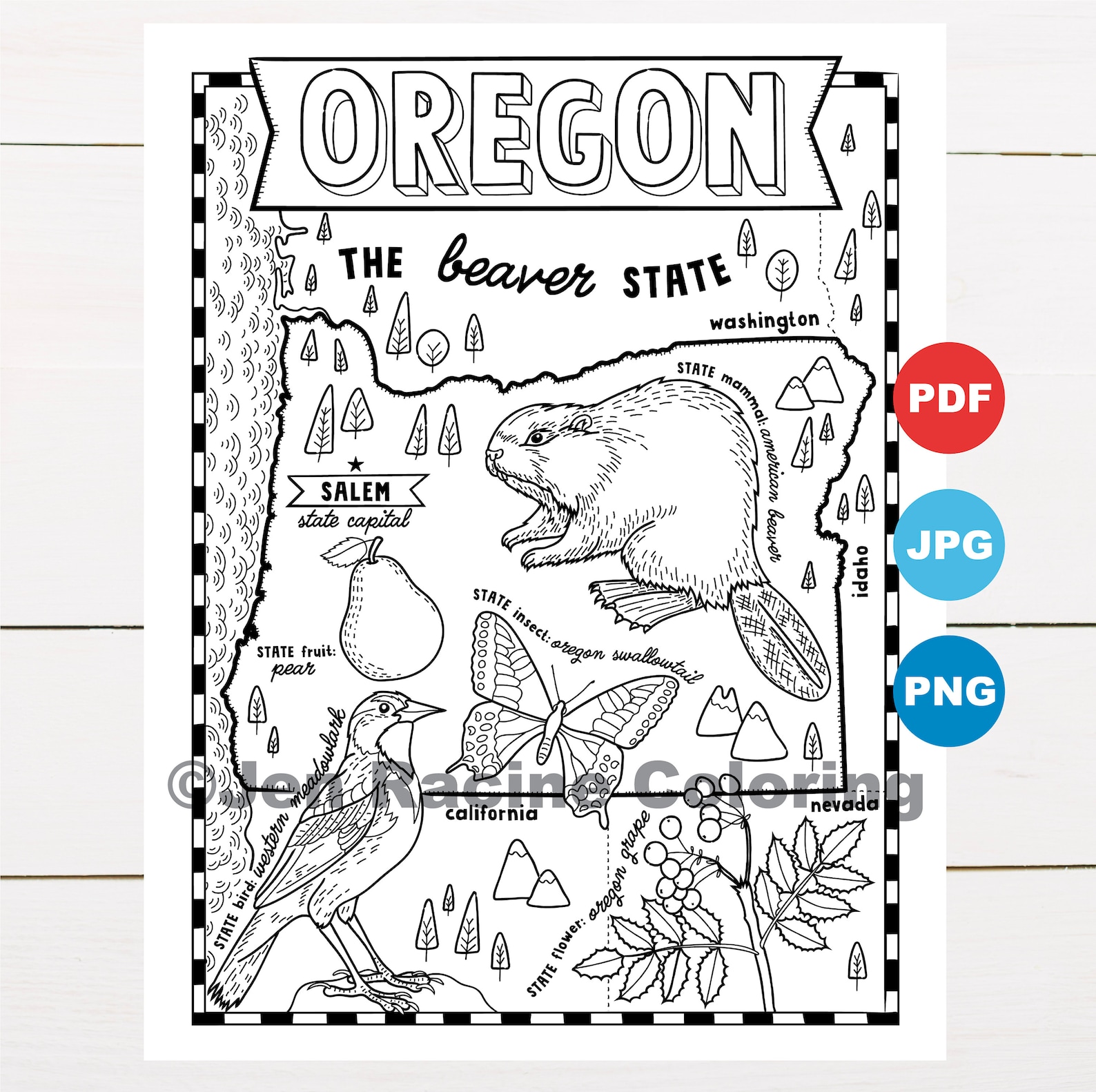 Oregon Coloring Page United States State Map Wildlife | Etsy