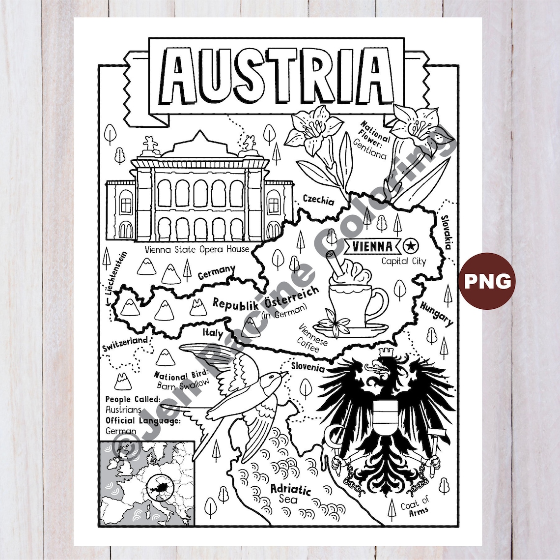 Austria Coloring Page, Geography of Europe, Digital Download Coloring ...