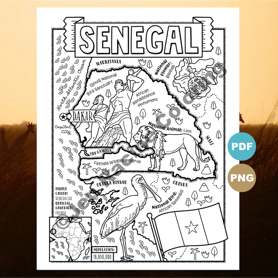 Senegal Coloring Page, Geography of Africa, Digital Download Coloring ...
