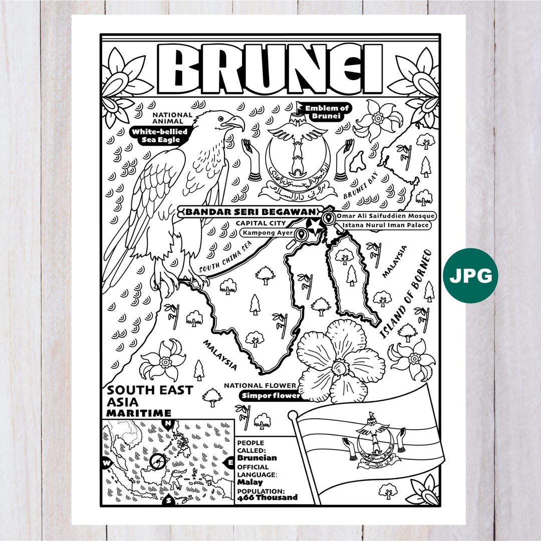Brunei Coloring Page, Geography of Southeast Asia, Digital Download ...