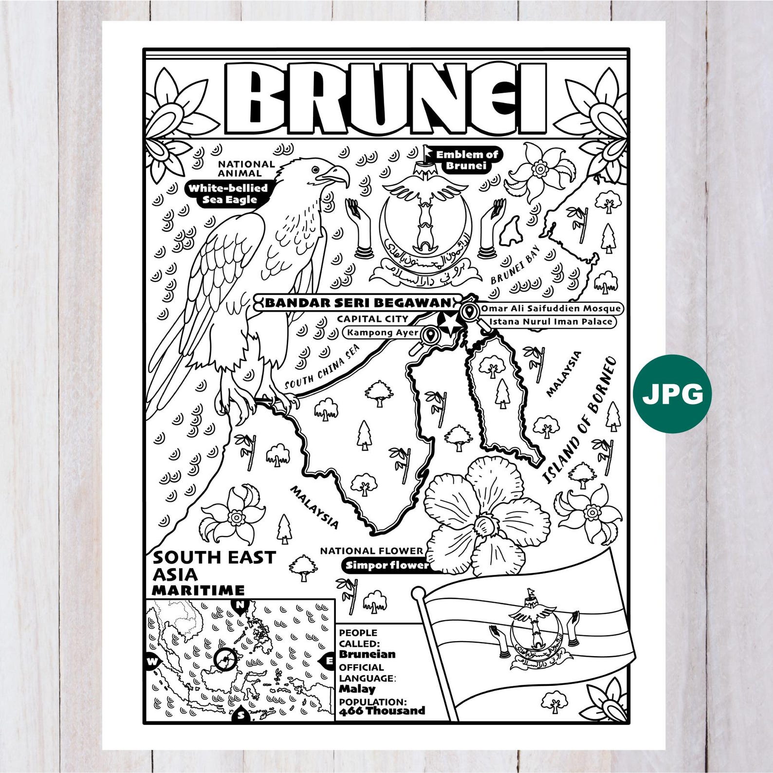 Brunei Coloring Page, Geography of Southeast Asia, Digital Download ...
