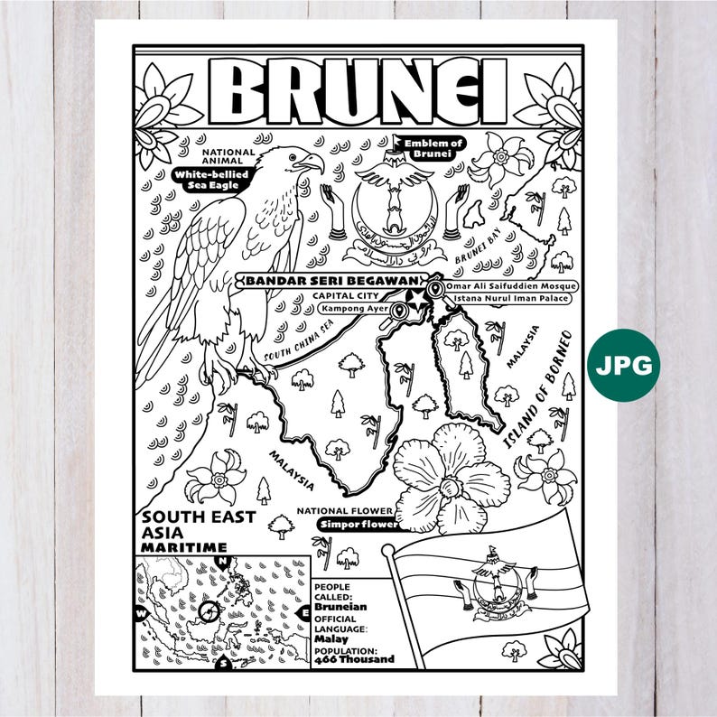 Brunei Map Coloring Page, Southeast Asia Geography (digital Download ...