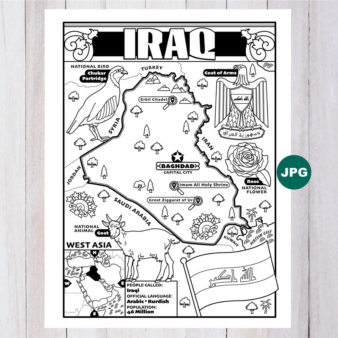 Iraq Map Coloring Page, Asia Geography (digital Download) - Etsy