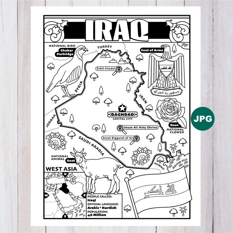 Iraq Map Coloring Page, Asia Geography (digital Download) - Etsy