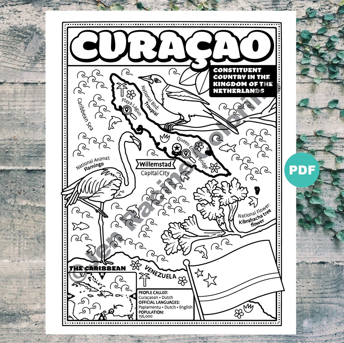 Curaçao Map Coloring Page, Caribbean Geography (digital Download) - Etsy