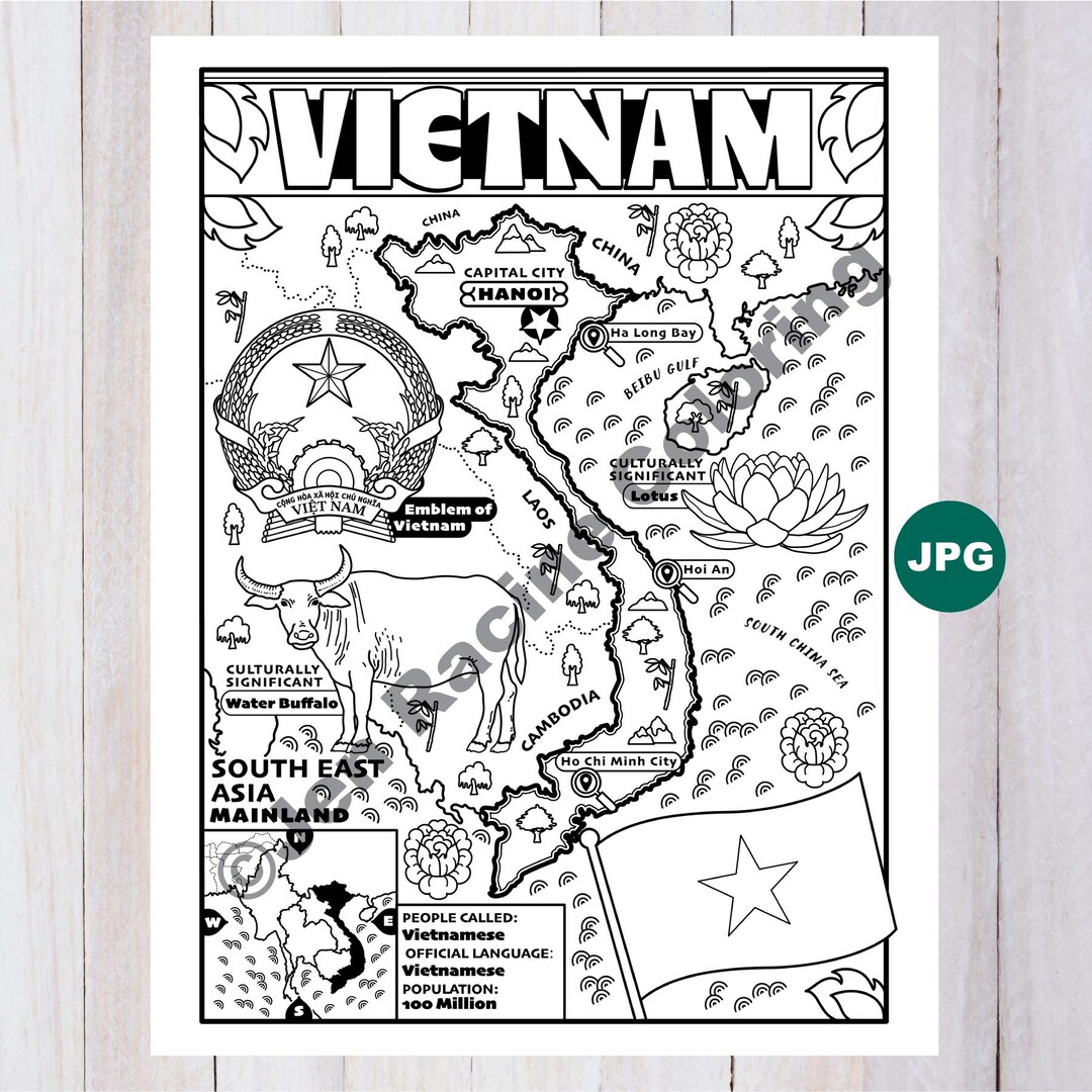 Vietnam Map Coloring Page, Southeast Asia Geography (digital Download ...