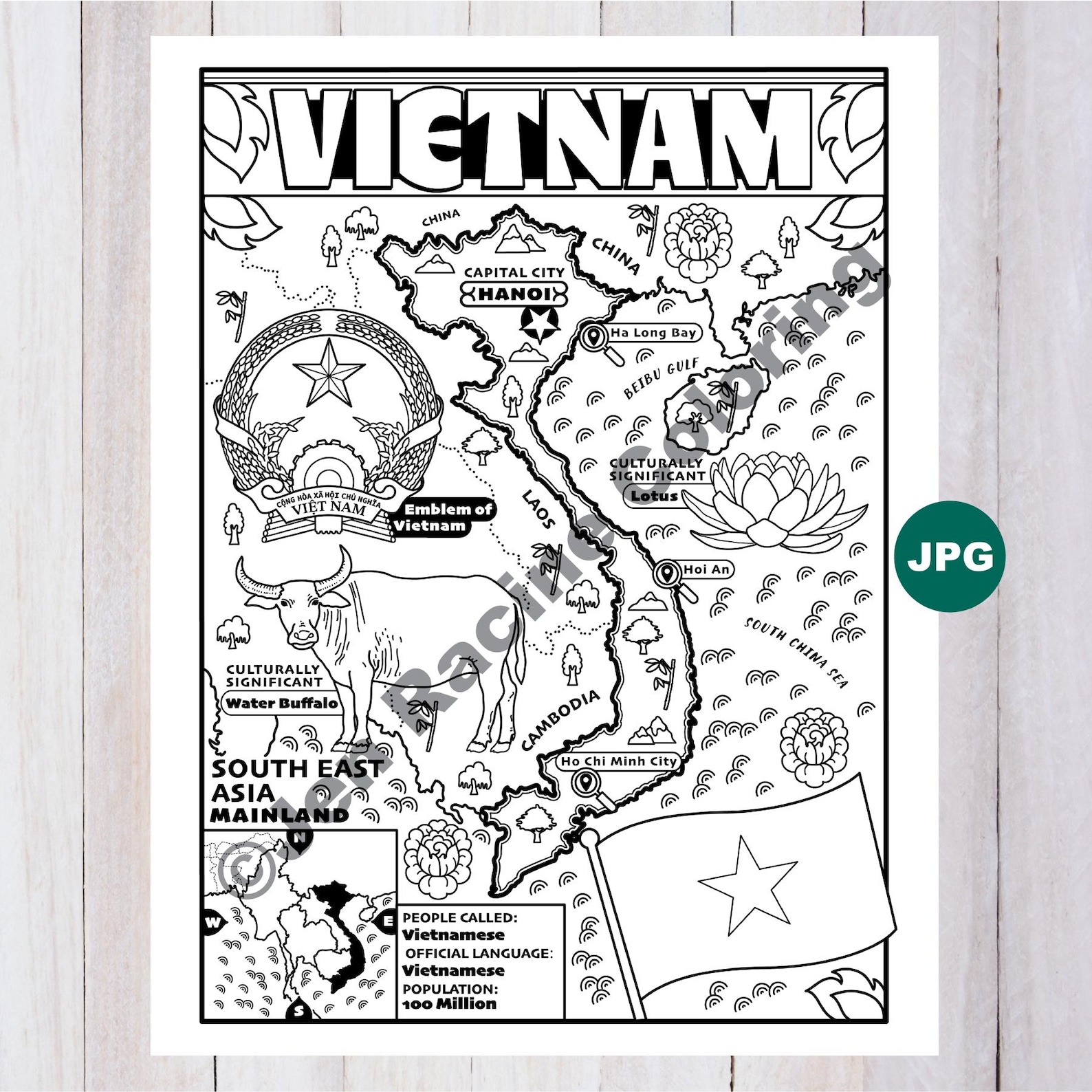 Vietnam Coloring Page, Geography of Southeast Asia, Digital Download ...