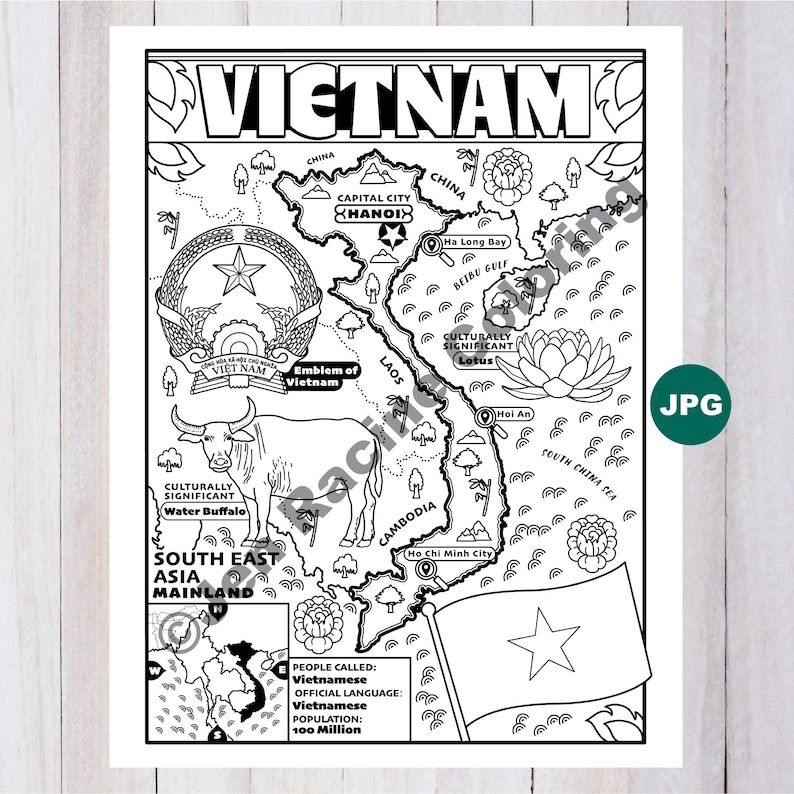 Vietnam Map Coloring Page, Southeast Asia Geography (digital Download ...