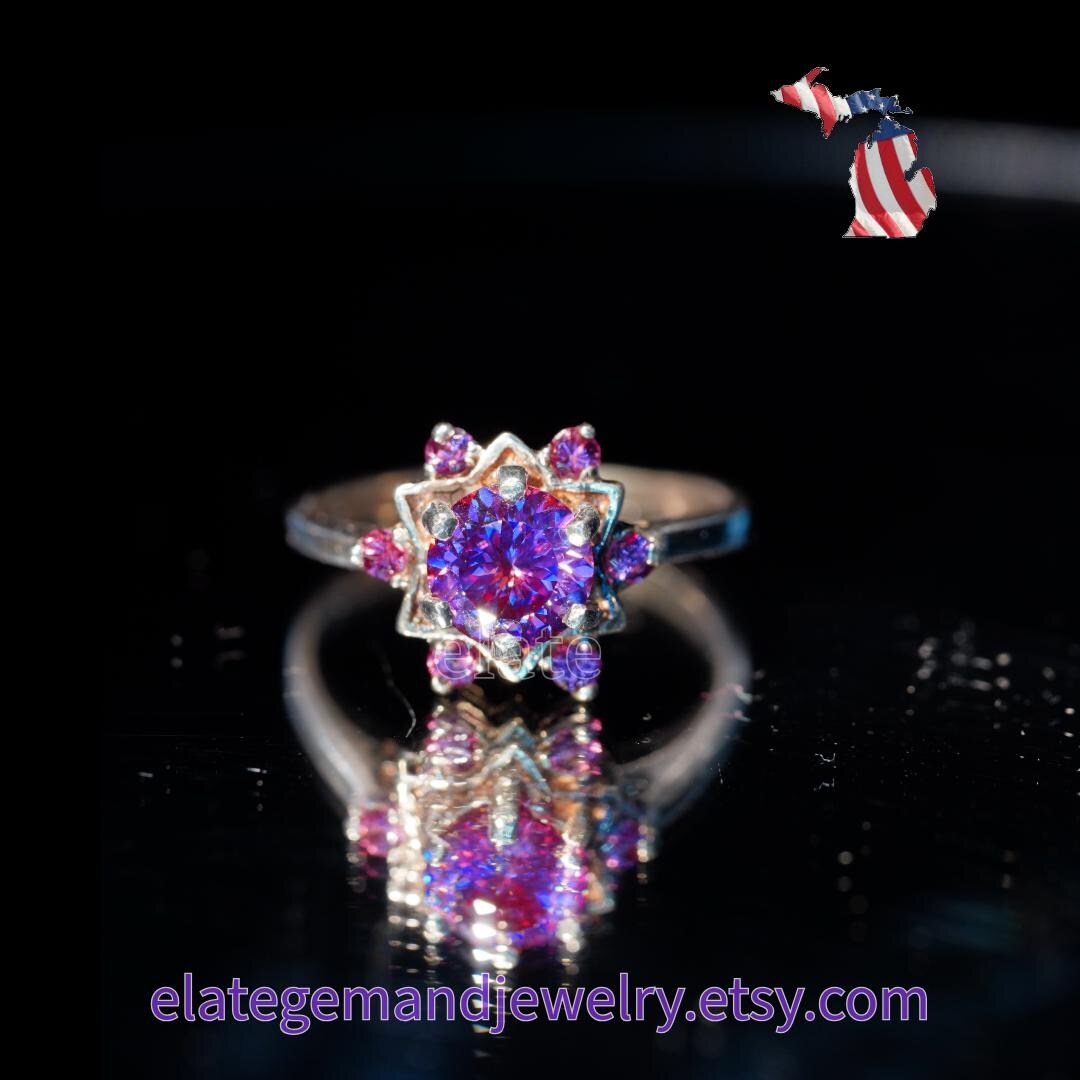 1 Carat Russian Cut Purple Red GRA Moissanite, in 925 Sterling Silver ...