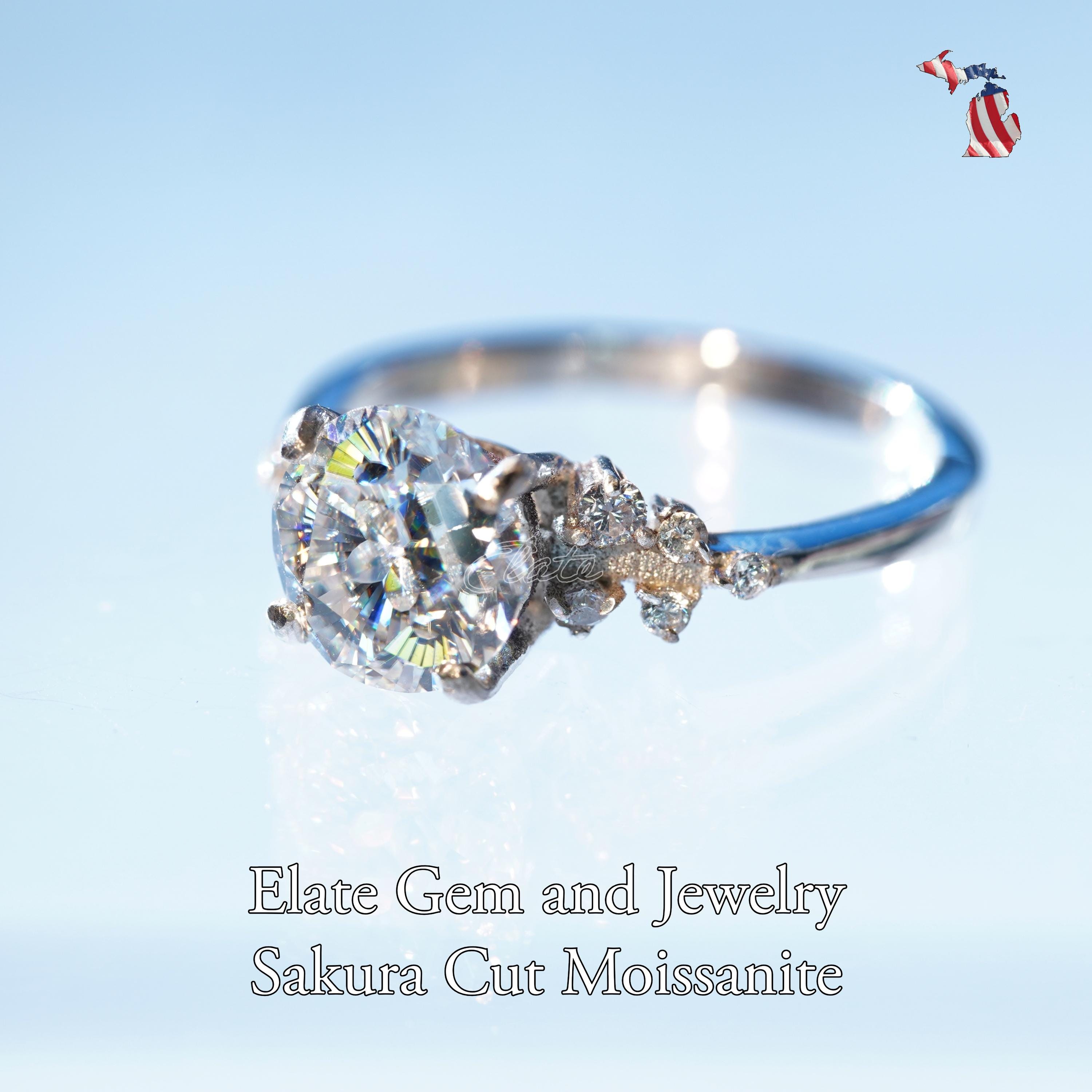 Sakura Cut Moissanite Ring: 2 Carat D Color, CZ Accents, Sterling ...