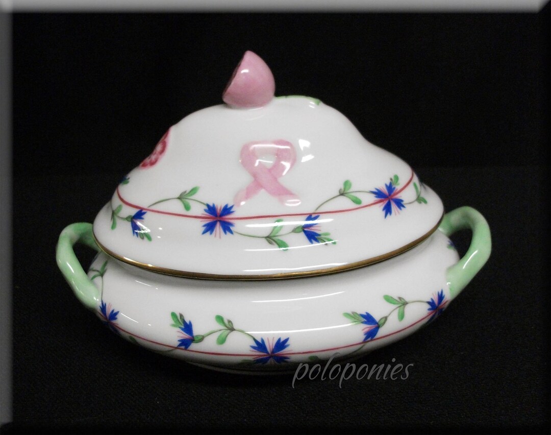 HEREND Mini Tureen With Pink Lemon Knob and Pink Ribbon Symbol Blue ...