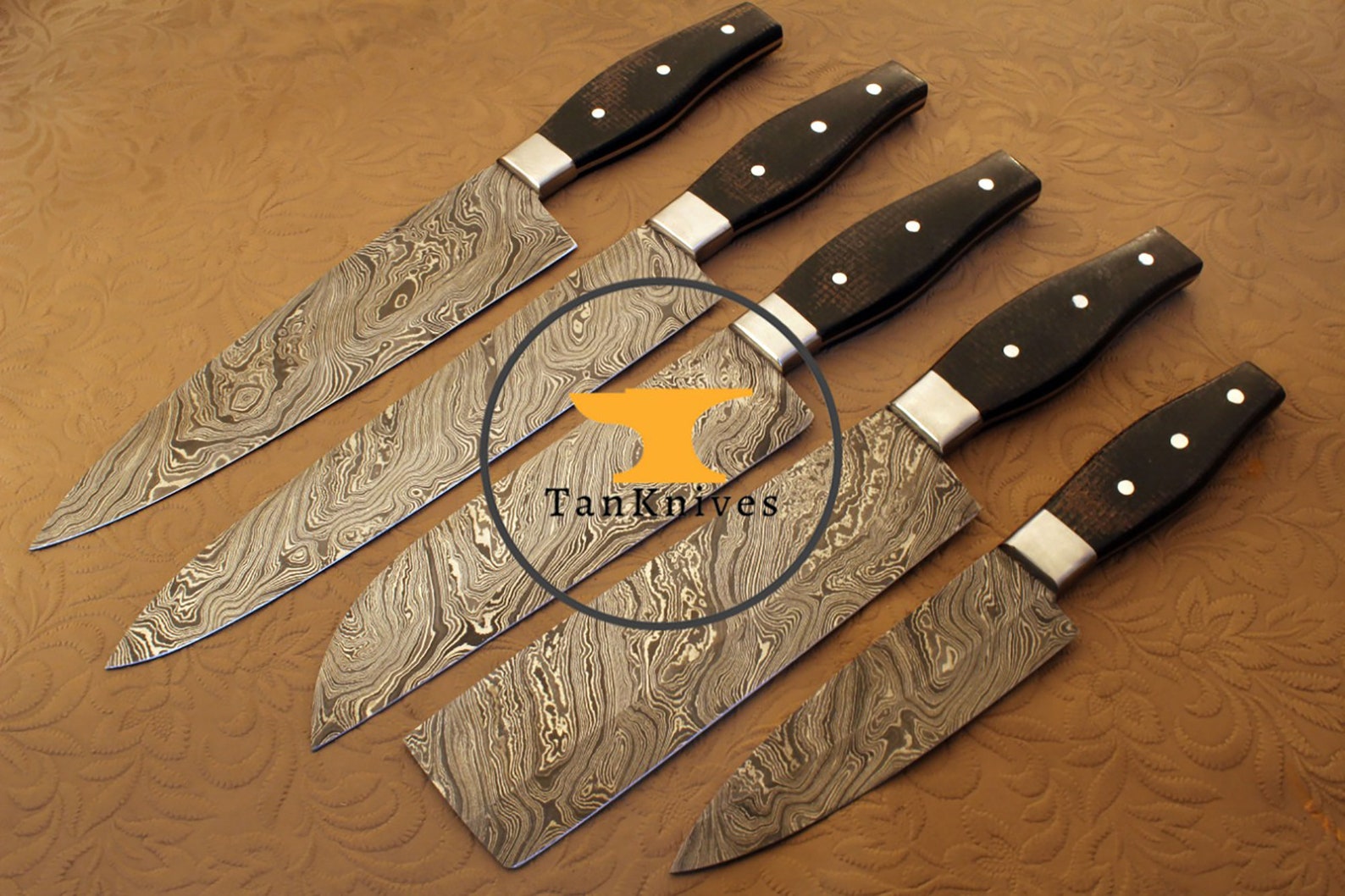 Handmade Damascus Steel Chef Knife Set 5 With Black and Brown Micarta ...