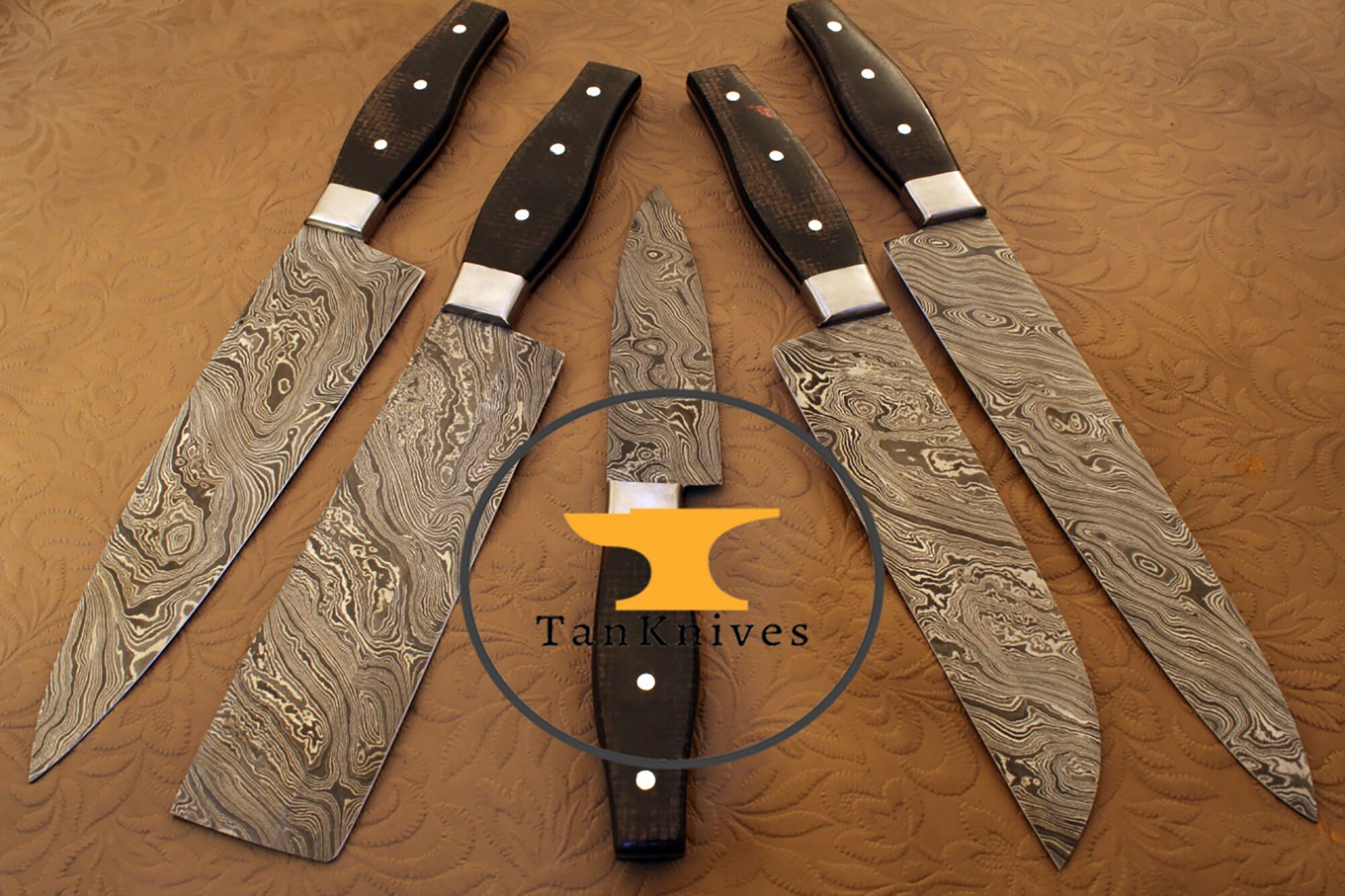 Handmade Damascus Steel Chef Knife Set 5 With Black and Brown Micarta ...