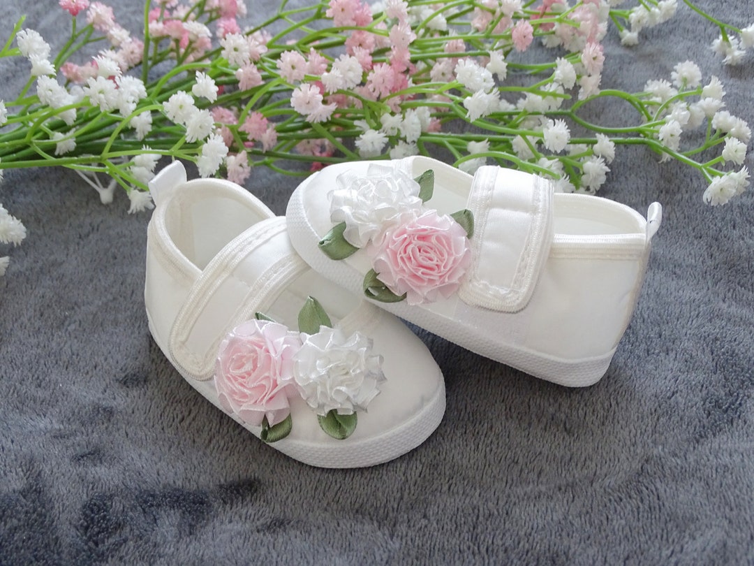 Baby Satin Shoes Ivory Booties for Christening, Baptism Bow Shoes ...