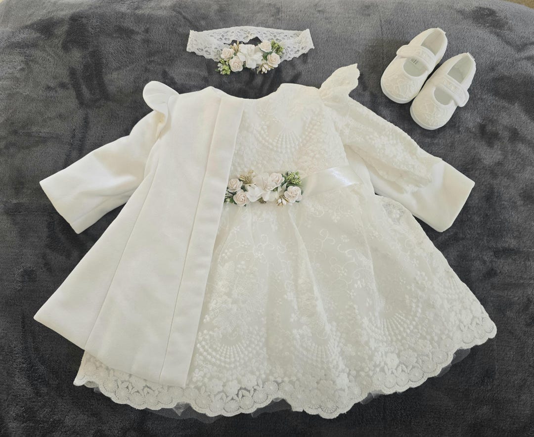 Christening Gown + Coat + Headband, Christening Set, Christening ...