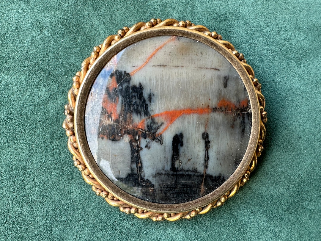 Antique Victorian Dendritic Landscape Agate Brooch With Intricate Gold ...