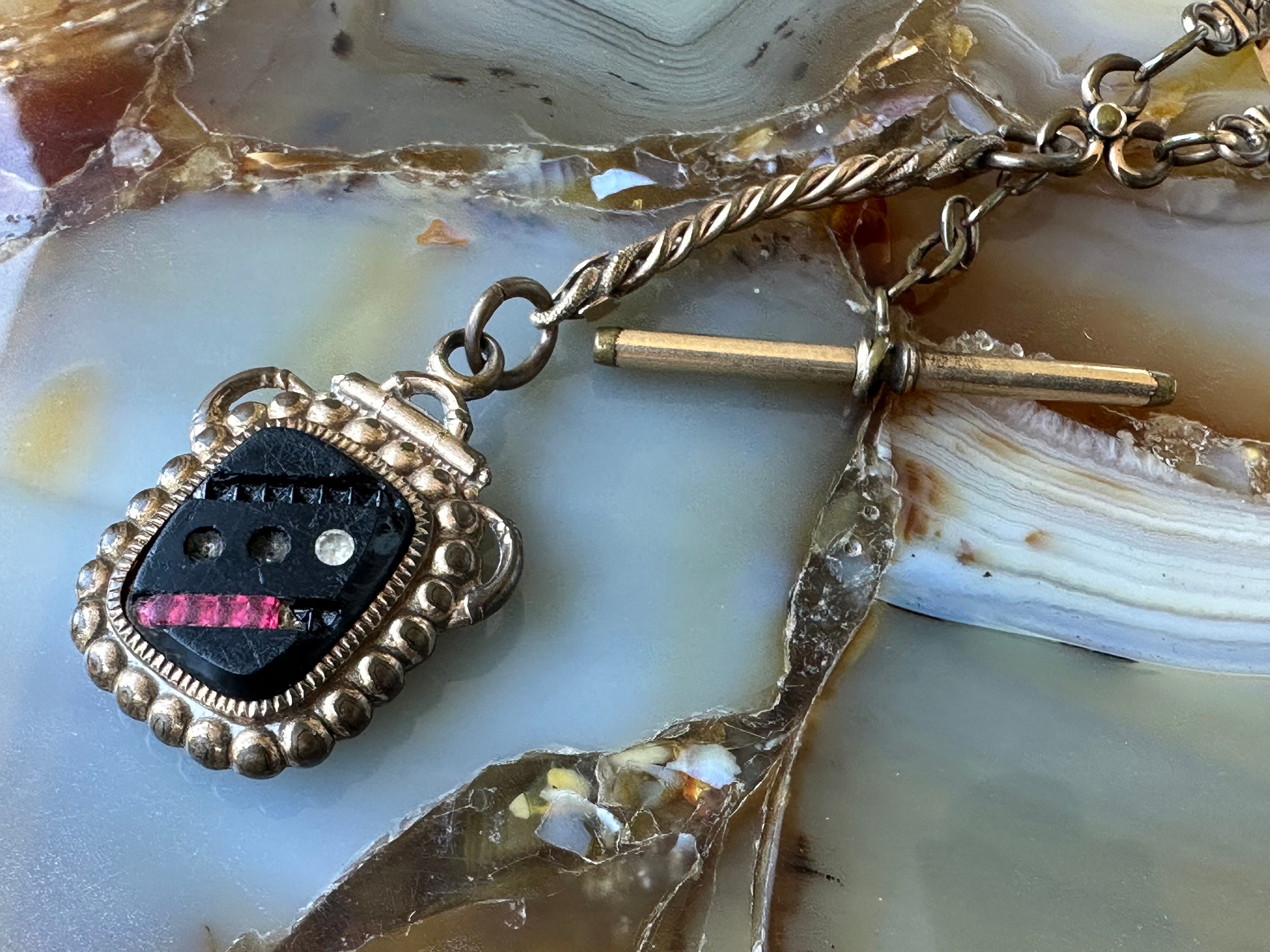 Antique Victorian Black Granite With Red and Clear Stone FOB Watch ...