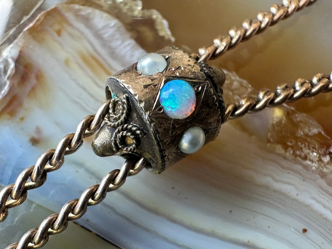 Antique Victorian 48" Lorgnette Chain Necklace With OPAL and Seed PEARL ...