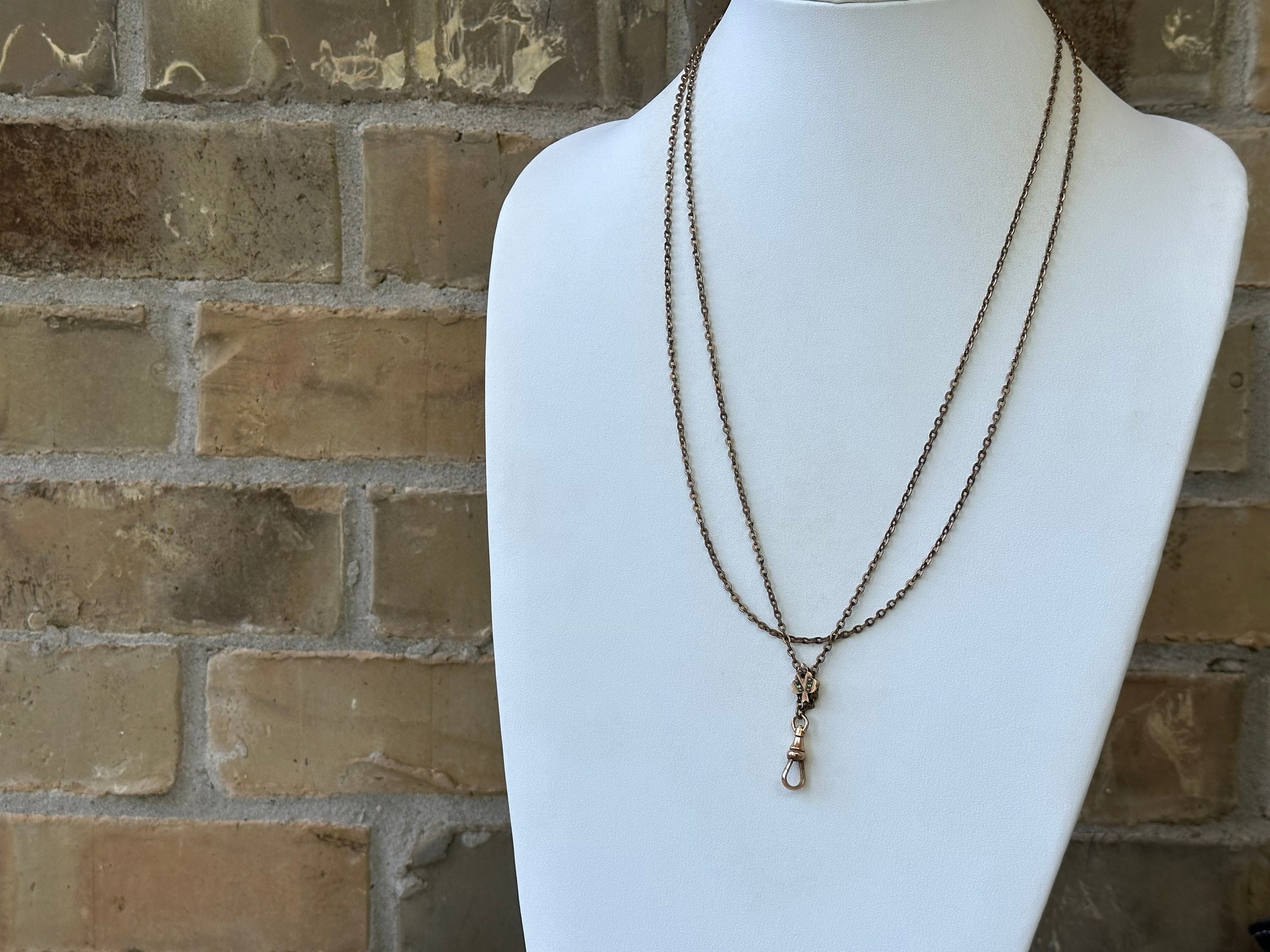 Antique Victorian 48" Lorgnette Chain Necklace With Leaf Shaped Gold ...