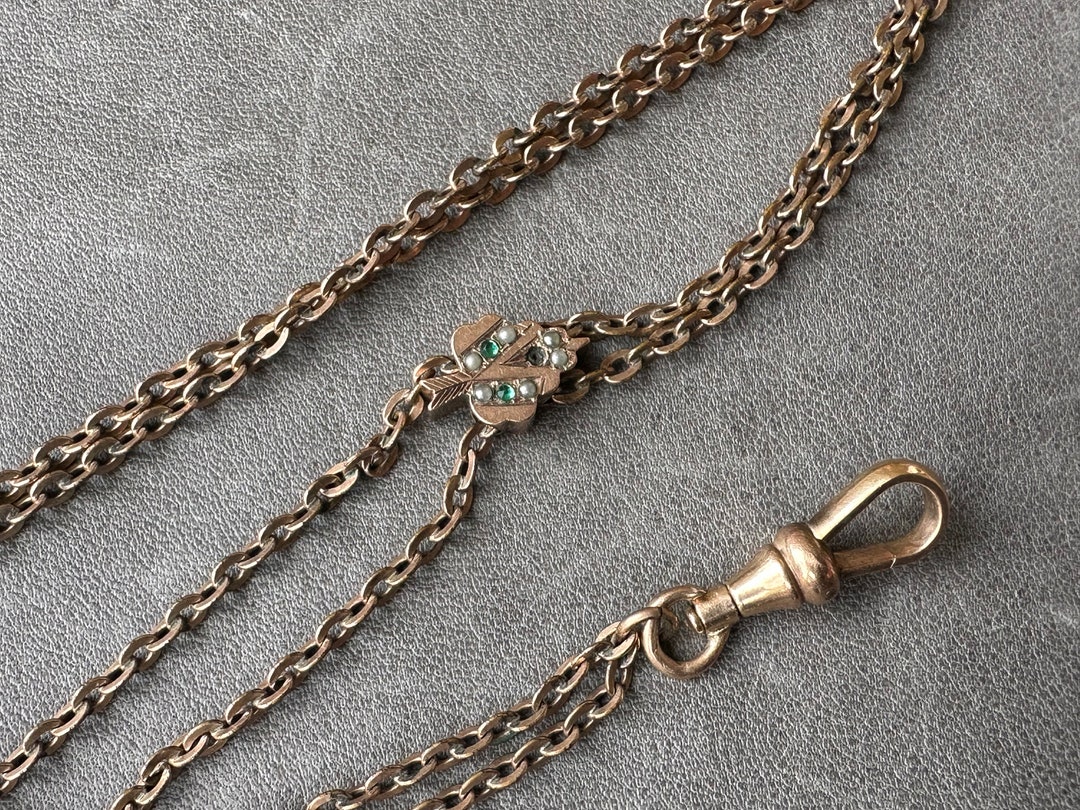 Antique Victorian 48" Lorgnette Chain Necklace With Leaf Shaped Gold ...