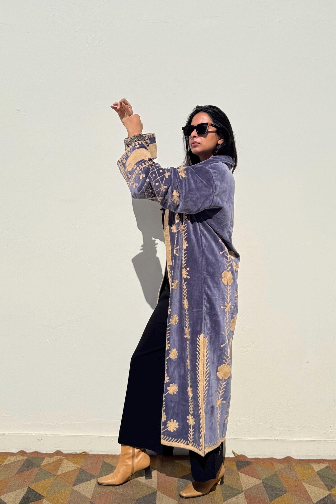 Luxury Elegant Velvet Coat in Dusty Navy , Embroidered Boho Chic Spring ...