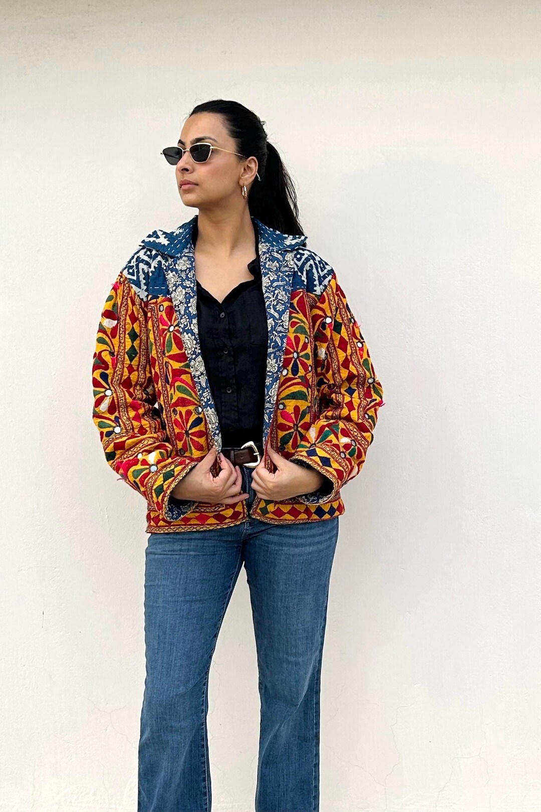 Quilted Colourful Coat for Women, Hand Stitched Embroidered Knee Length ...