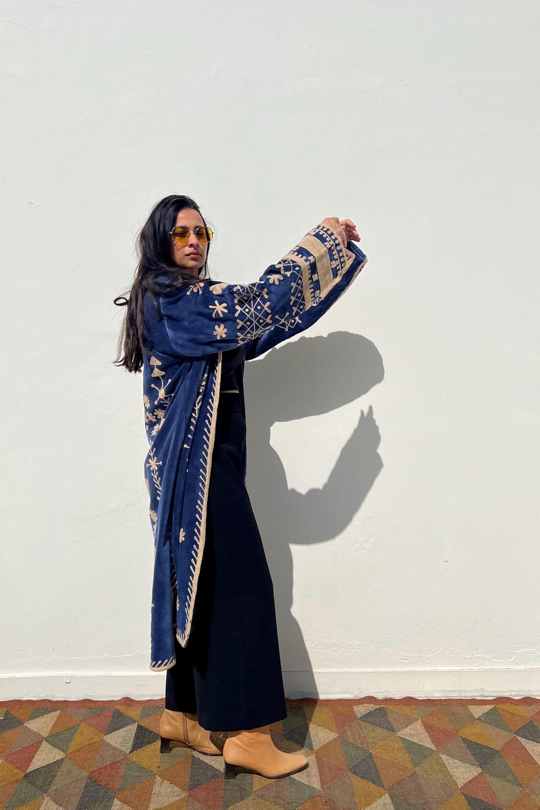 Goddess Navy Blue Longline Velvet Dress Coat for Women , Embroidered ...