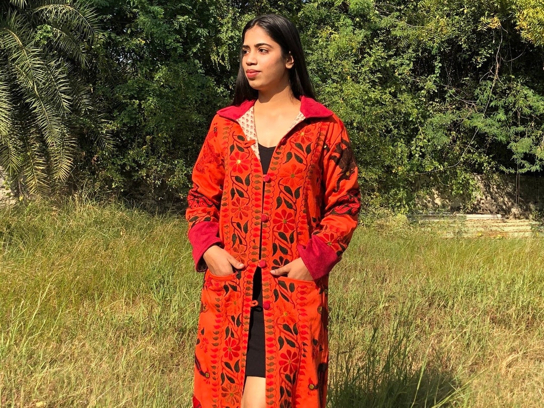 Unique Red Duster Coat for Women, Festival Embroidered Longline Open ...