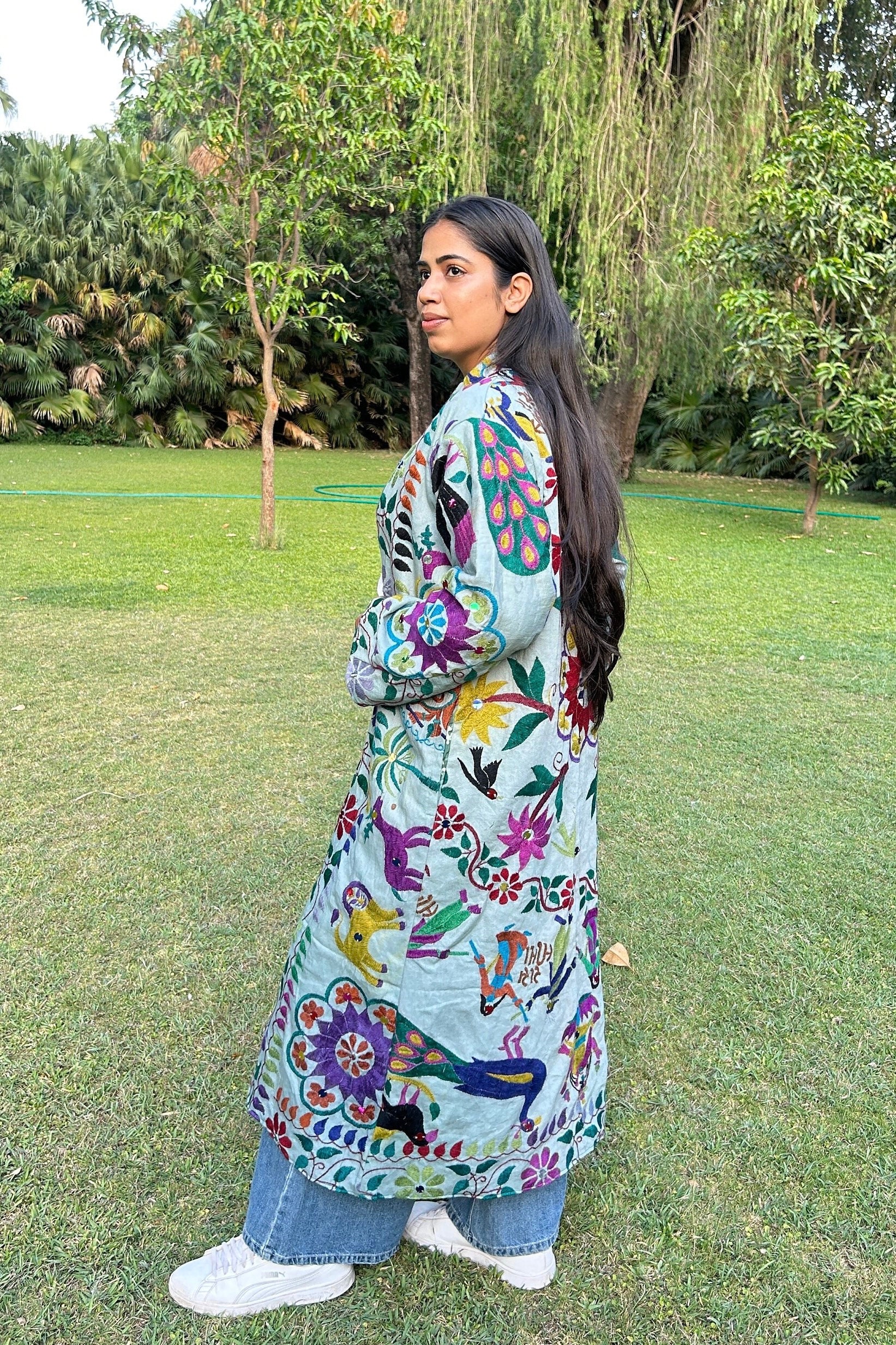 Floral Cotton Unisex Duster, Blue Dyed Outerwear, Vintage Antique ...