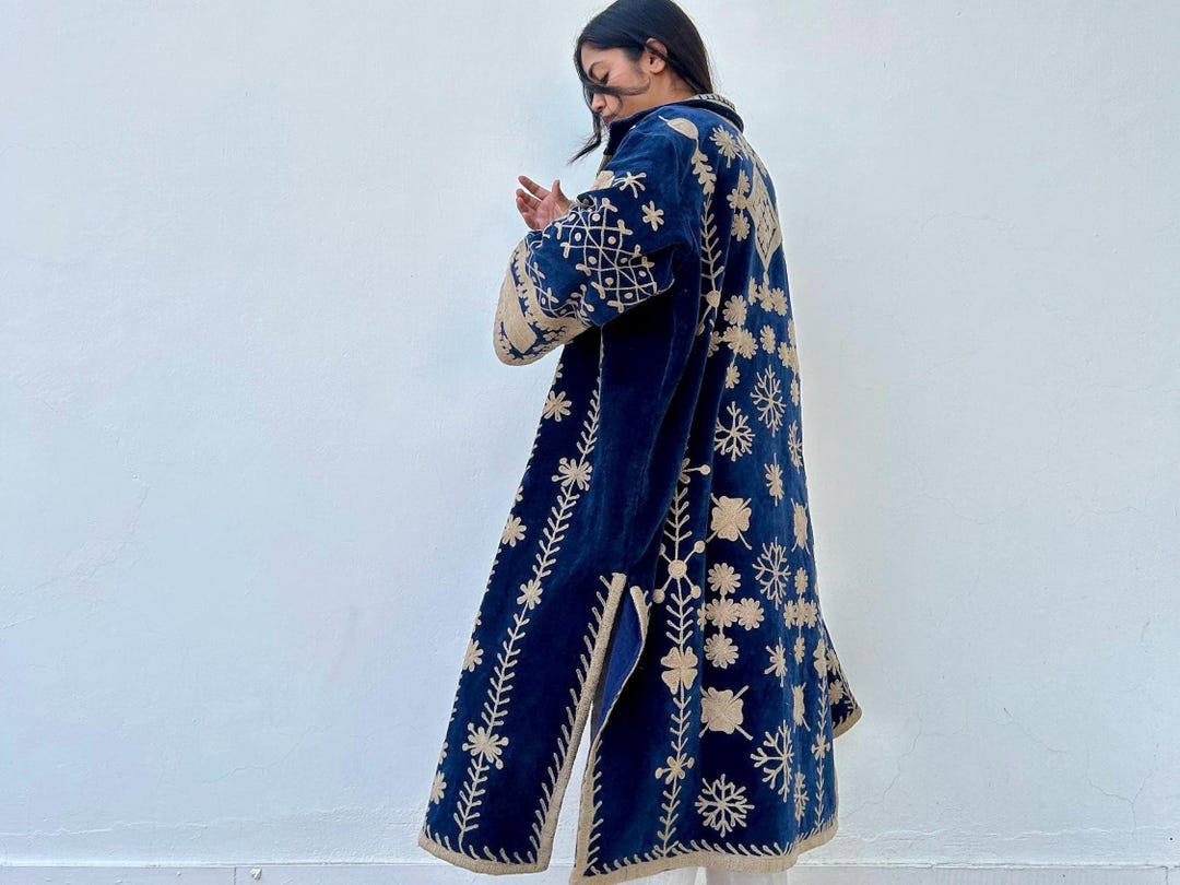 Goddess Navy Blue Longline Velvet Dress Coat for Women , Embroidered ...